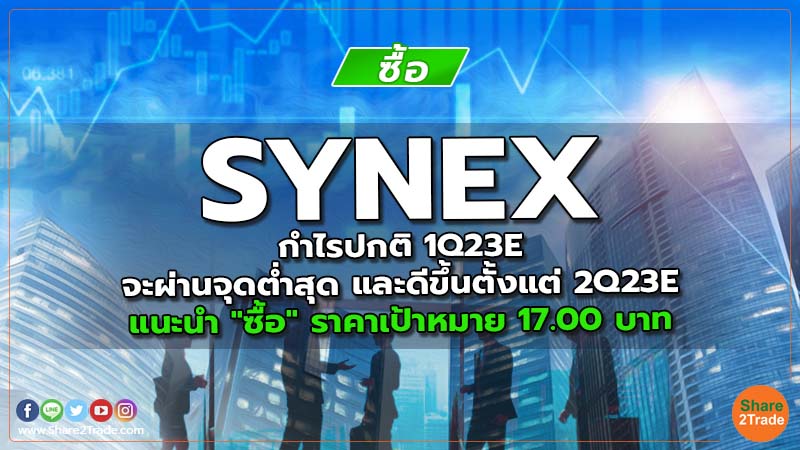 SYNEX กำไรปกติ 1Q23E จะผ่านจุดต่ำสุด และดีขึ้นตั้งแต่ 2Q23E แนะนำ "ซื้อ" ราคาเป้าหมาย 17.00 บาท ...